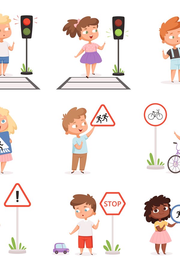 Traffic road education. School kids learning safety crossroa