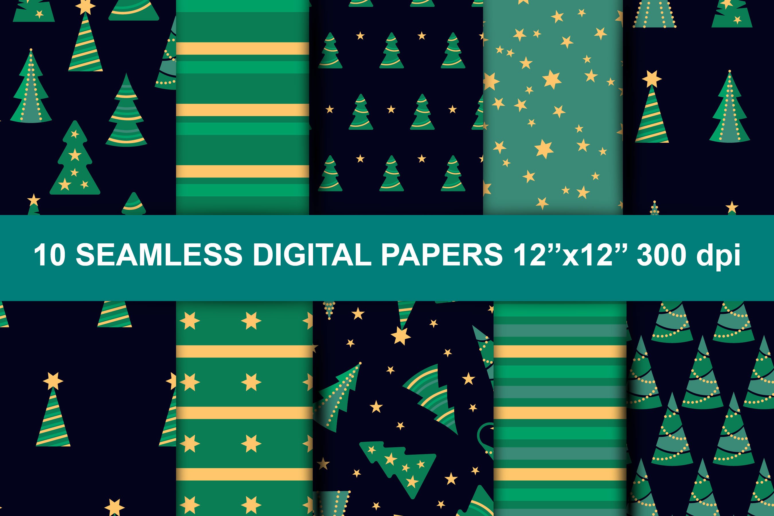 Digital papers collection with christmas trees and stars.