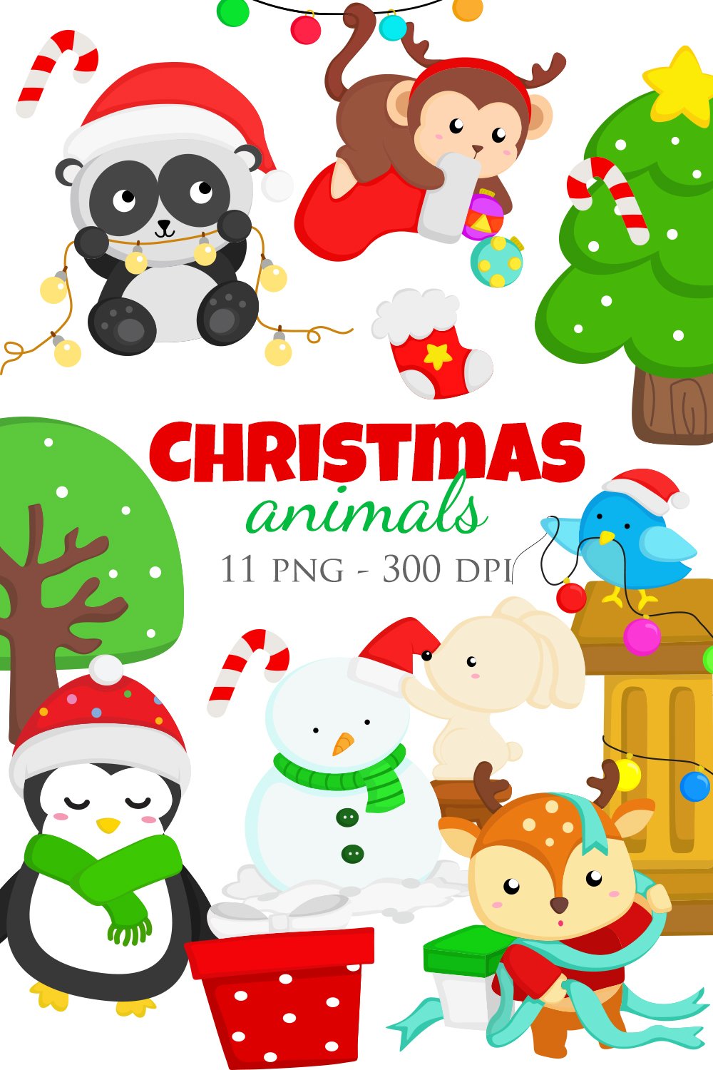 Cute Christmas Animal & Snowman Illustration Vector Clipart