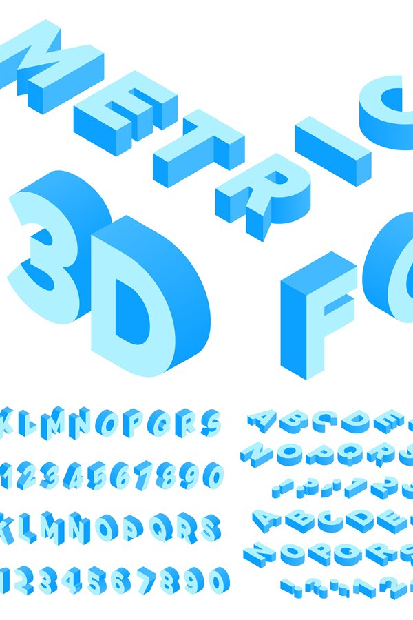 Isometric 3d vector alphabet lettering, numbers