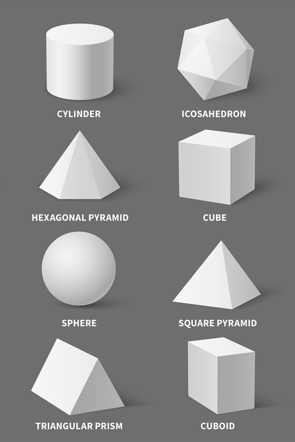 Geometric 3d shapes. Realistic white basic geometry form sph