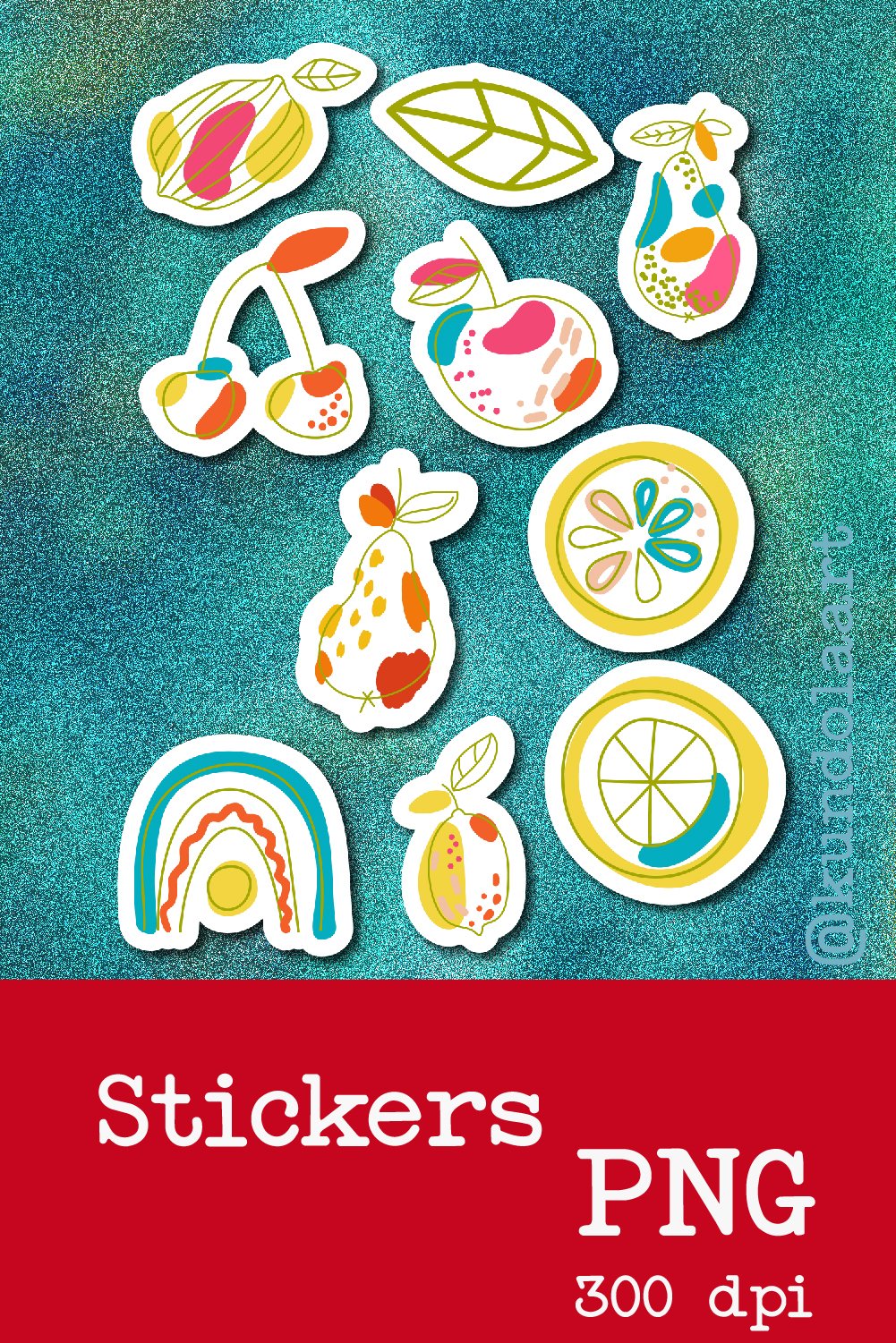 Stickers Fruits: apple, lemon, pear, cherry. PNG.