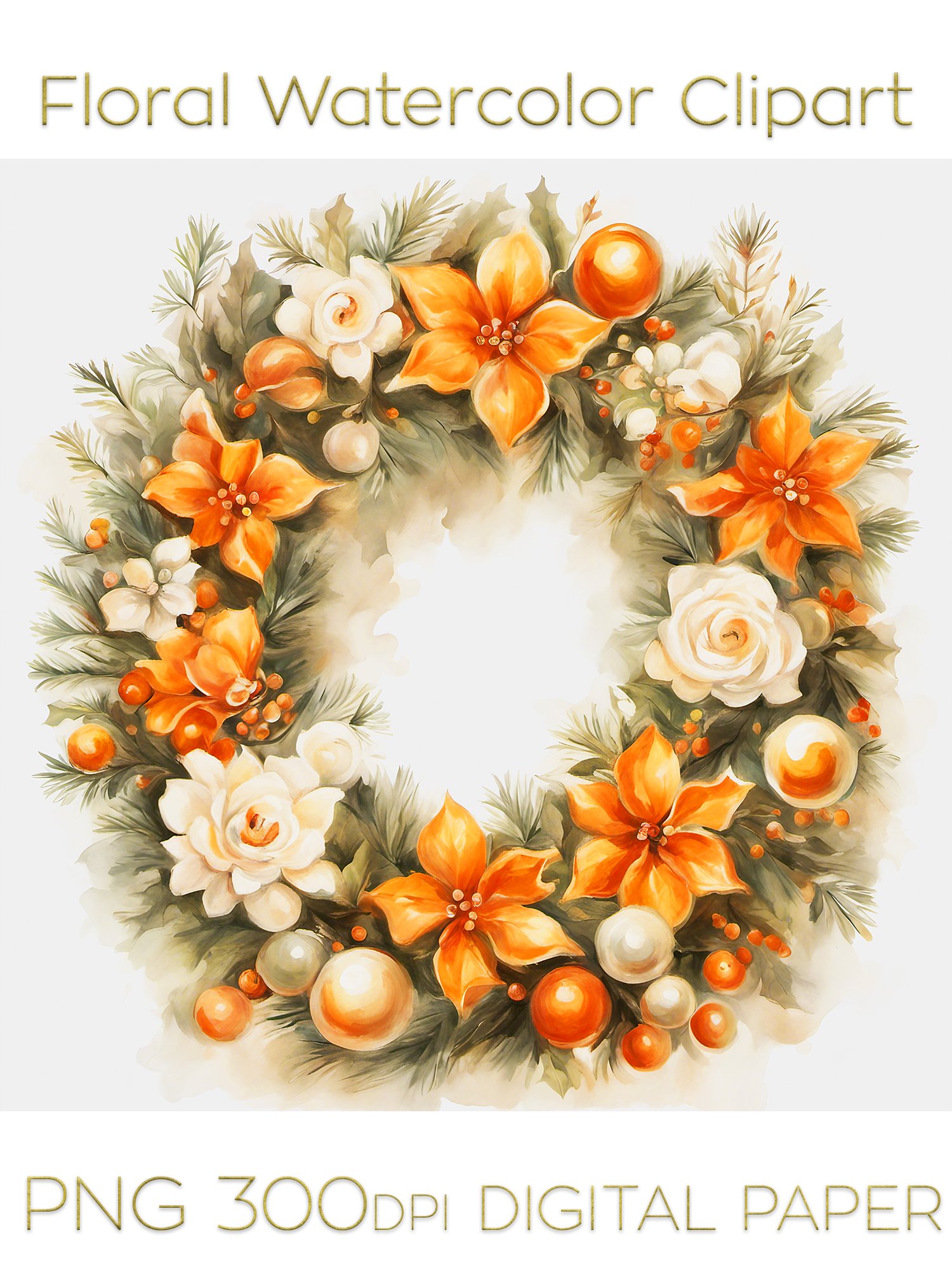 Christmas wreath orange floral Watercolor Digital clipart
