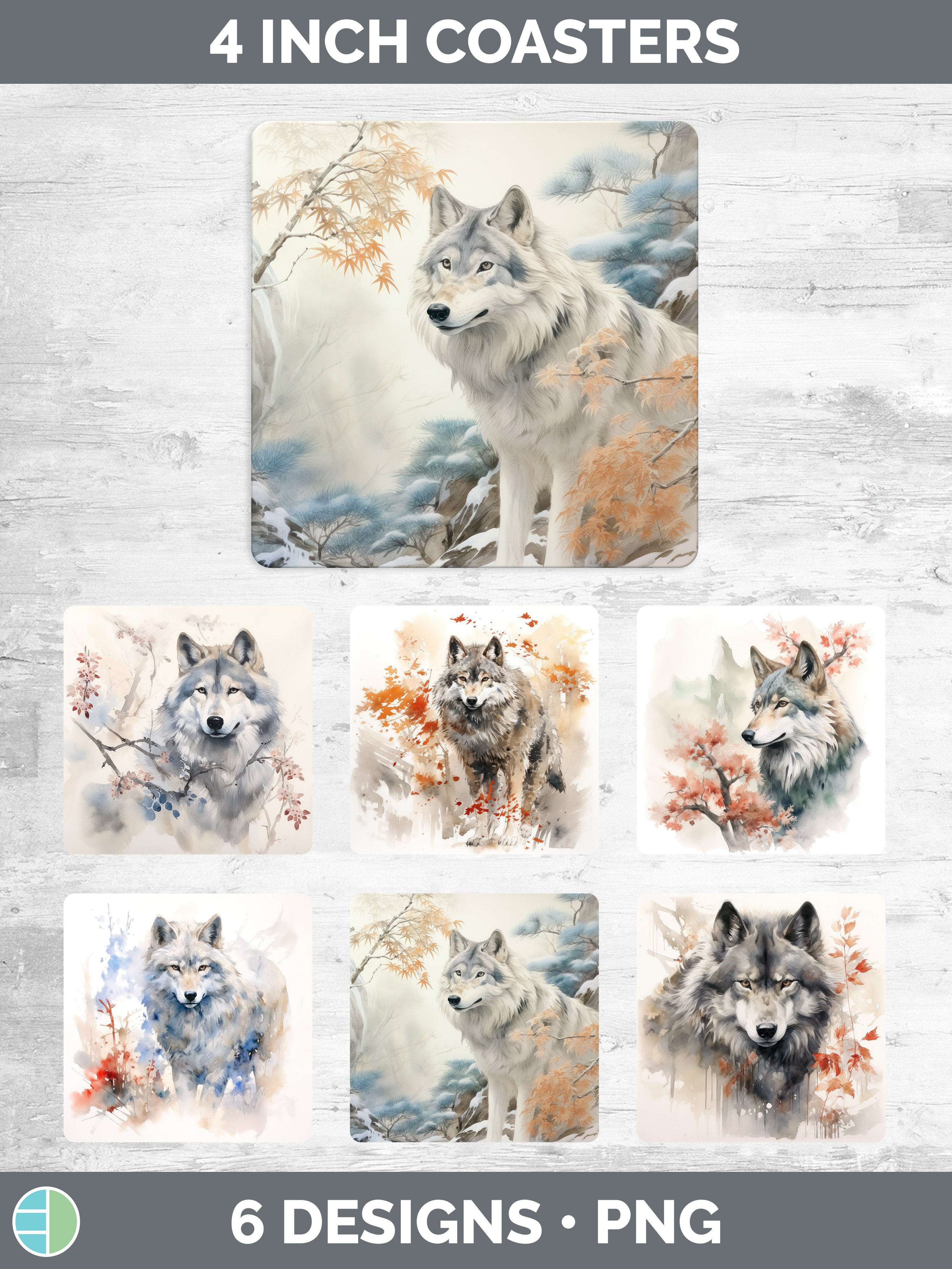 Japanese Watercolor Wolf Square Coaster | Sublimation Coaste