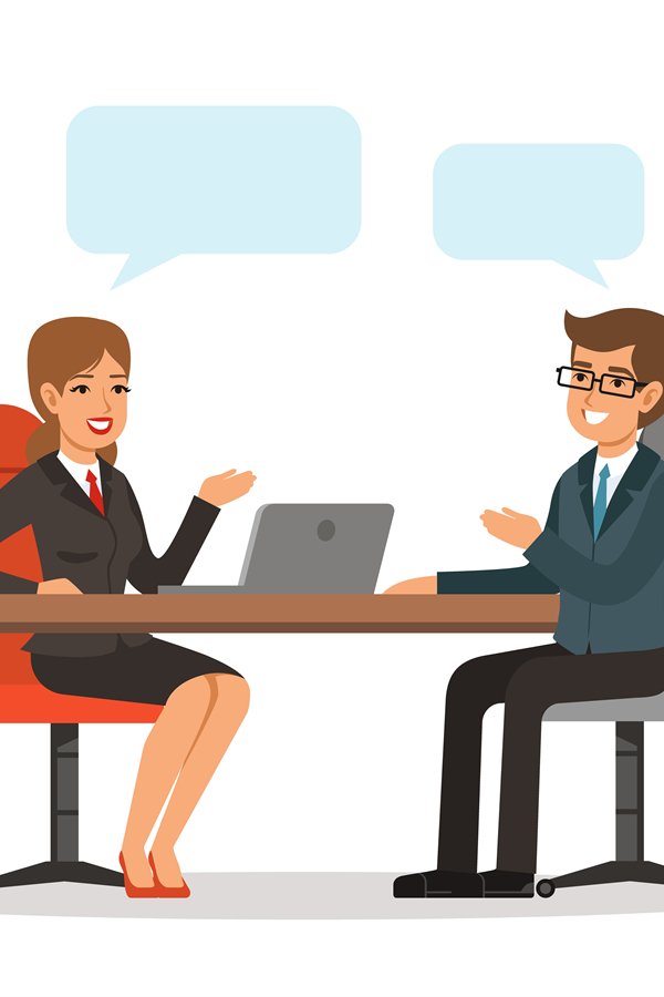 Business conversation. Man and woman at the table. Vector co