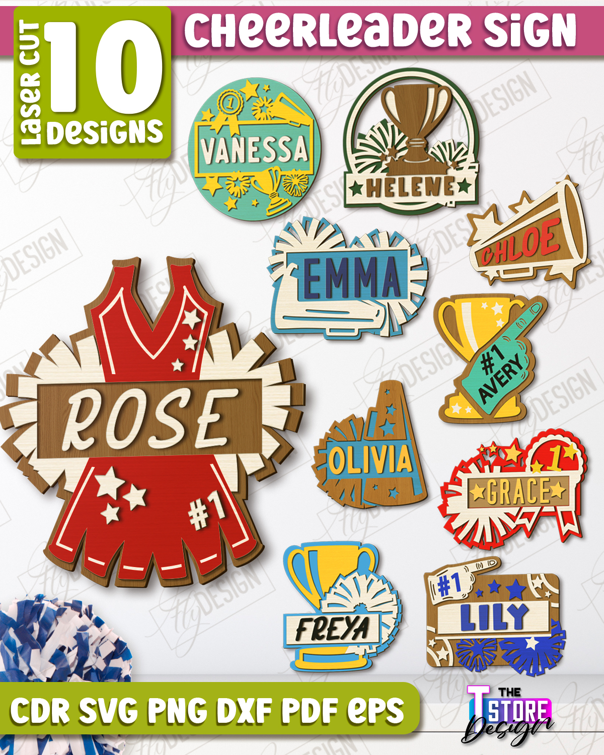 Cheerleader Sign Laser Cut Bundle,Cheerleading Name SIgn SVG