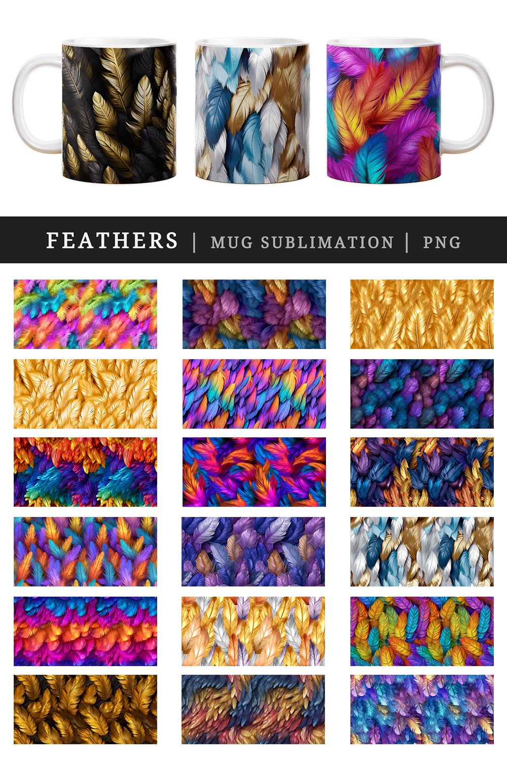 Feathers mug, cup wrap sublimation 3D glamour designs bundle