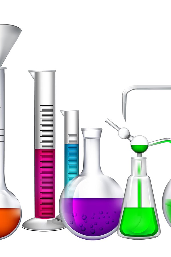 Glass tube with different chemical liquid ingredients. Labor