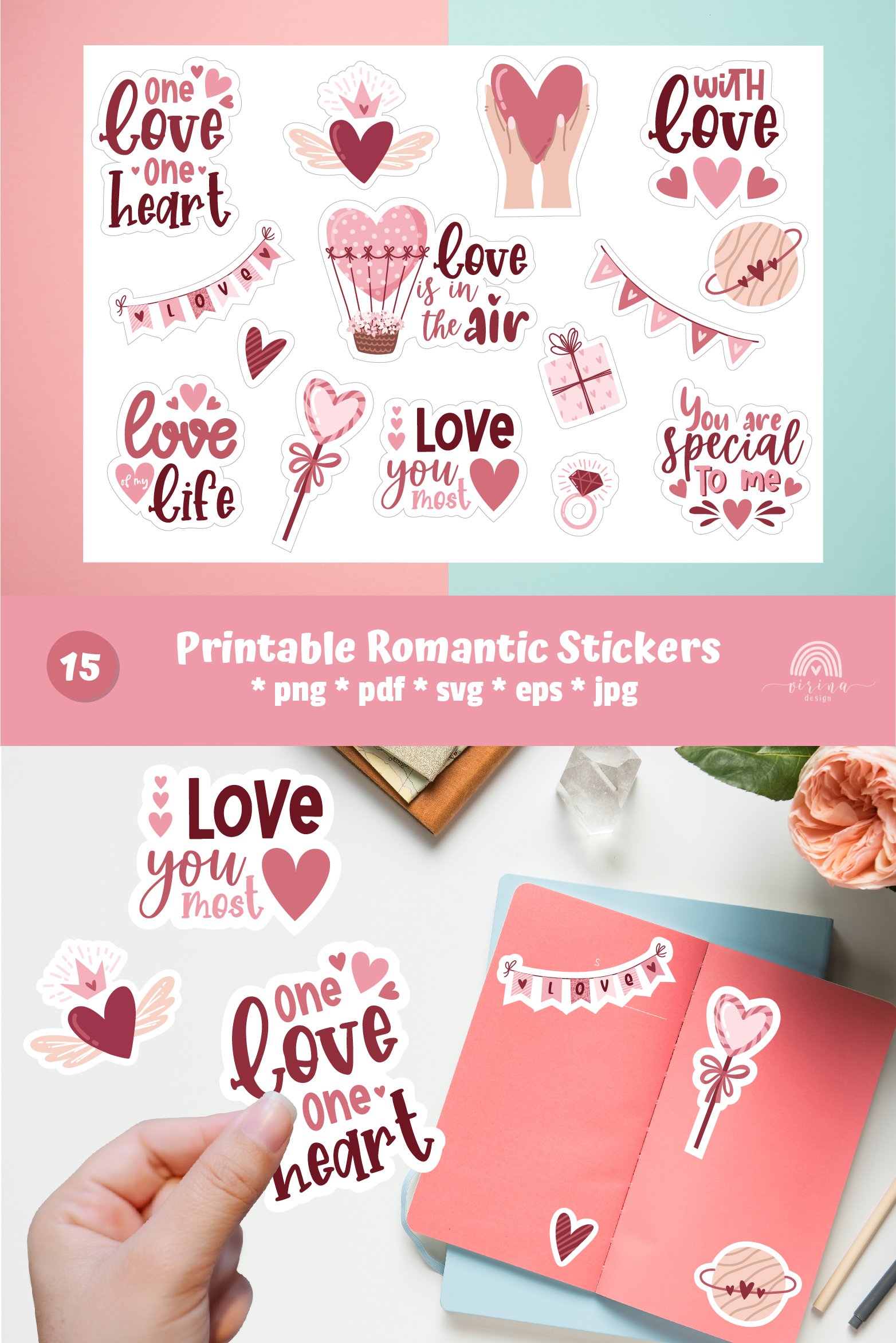 Romantic Sticker printable bundle png. 15 PNG designs