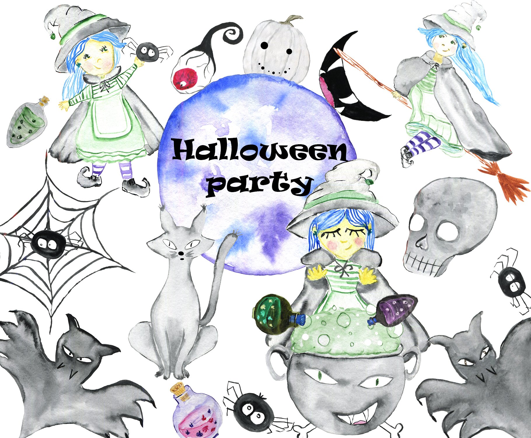 Halloween party. Halloween clip art. Watercolor Halloween.