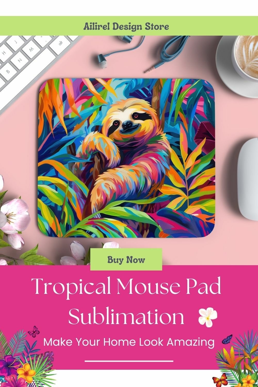 Colorful Sloth Mouse Pad Wrap, Tropical Leaves Mousepad PNG