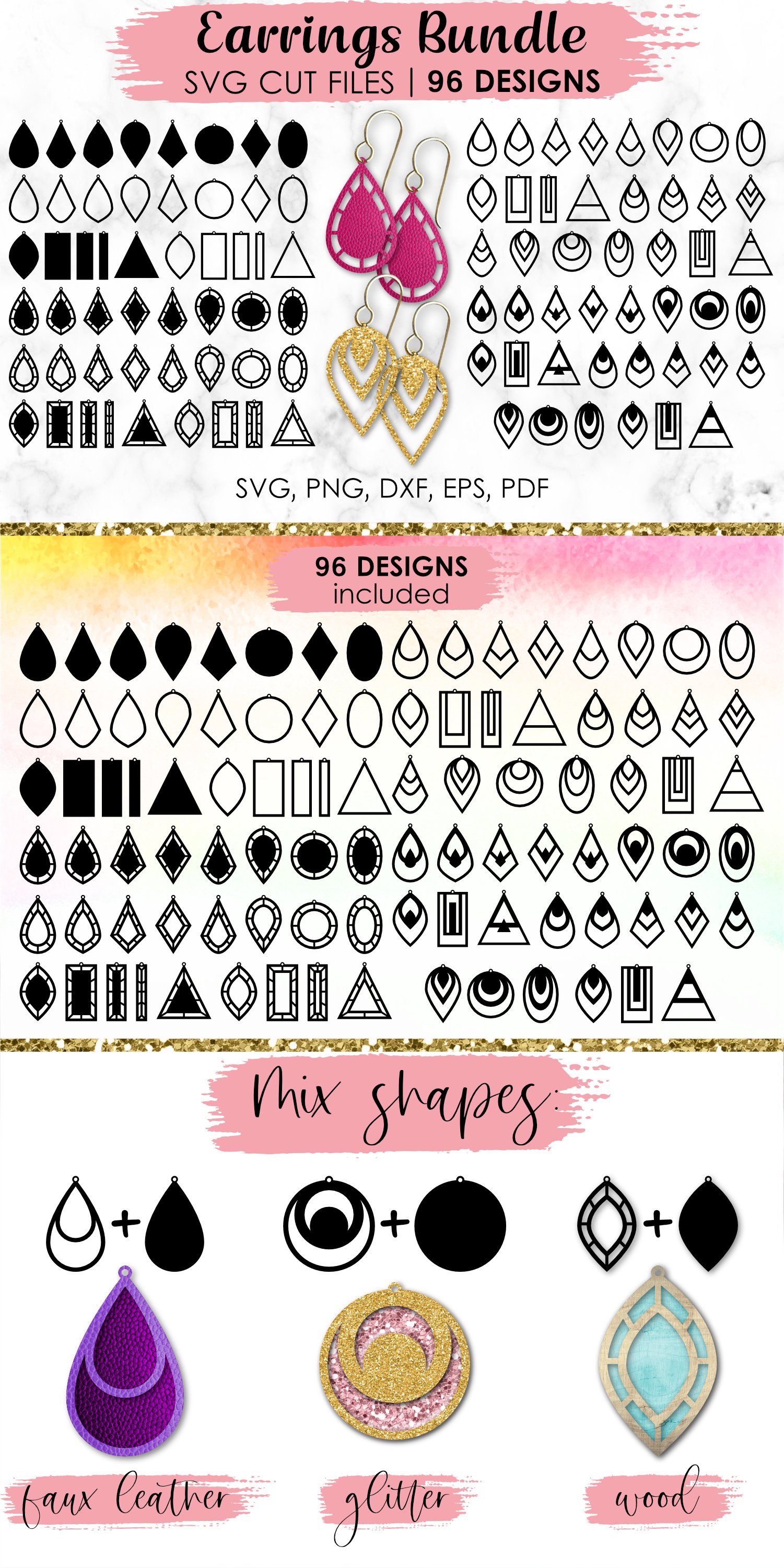 Earrings Svg Bundle Faux Leather Geometric Earrings Template