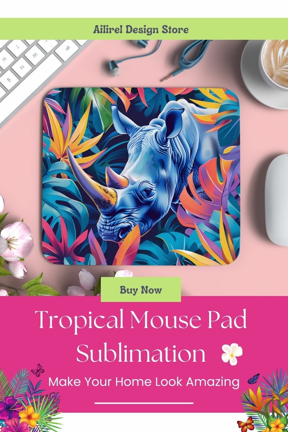 Rhinoceros Mouse Pad Design, Tropical Leaves Mouse (3606104)