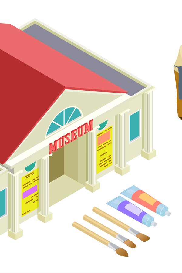 Isometric museum building. Vector art gallery. Artists, scul