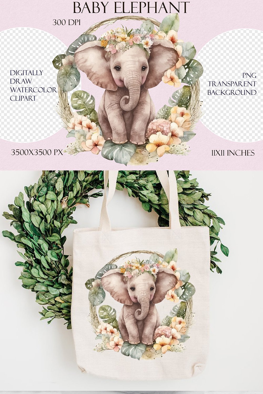 Watercolor Baby Elephant in Wreath Clipart PNG, Sublimation