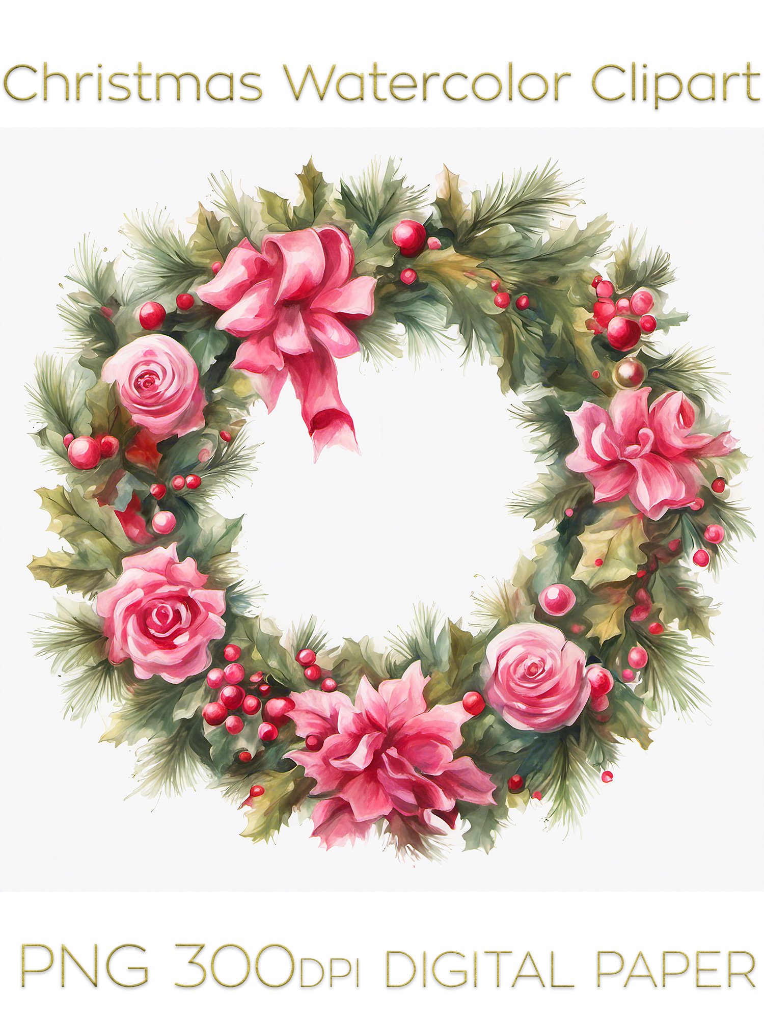 Christmas Vintage Pink Wreath Botanical Illustration big bow