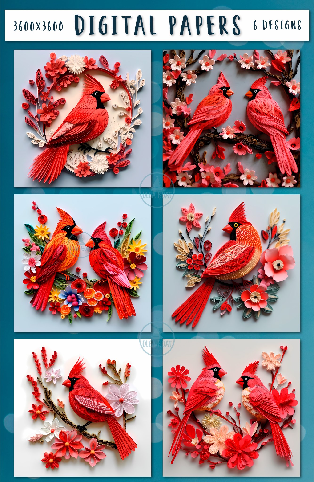 3d Cardinal with flowers Digital Paper illustration