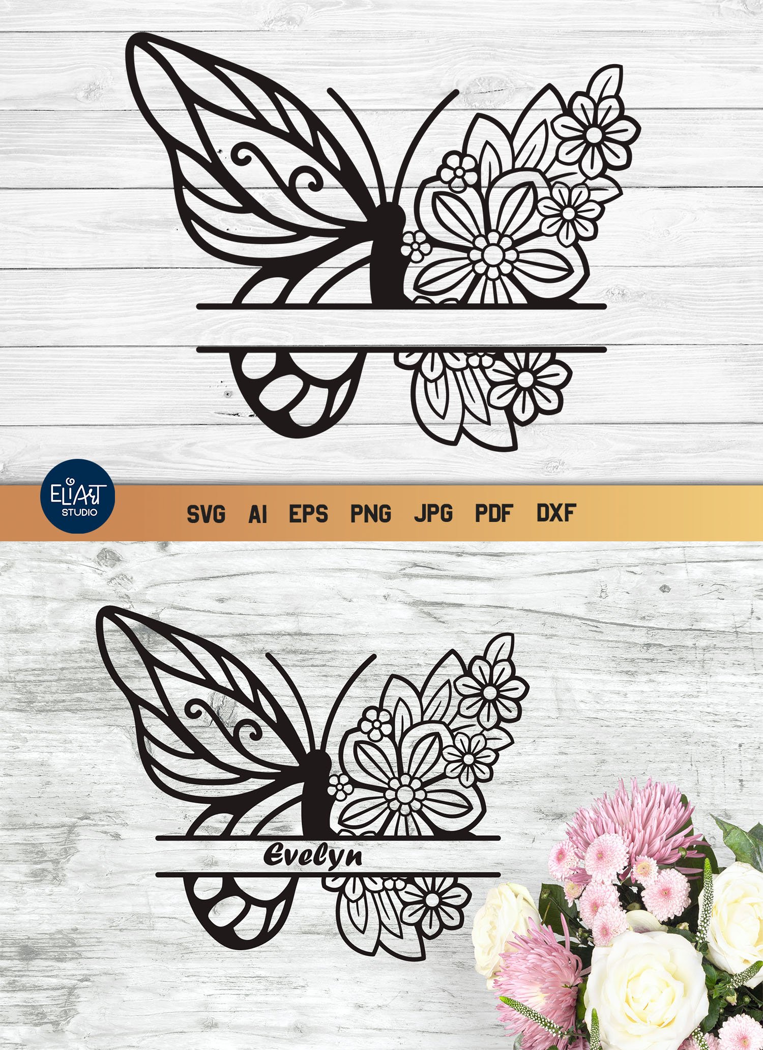 Floral Butterfly SVG | Summer SVG Split Design with Flowers