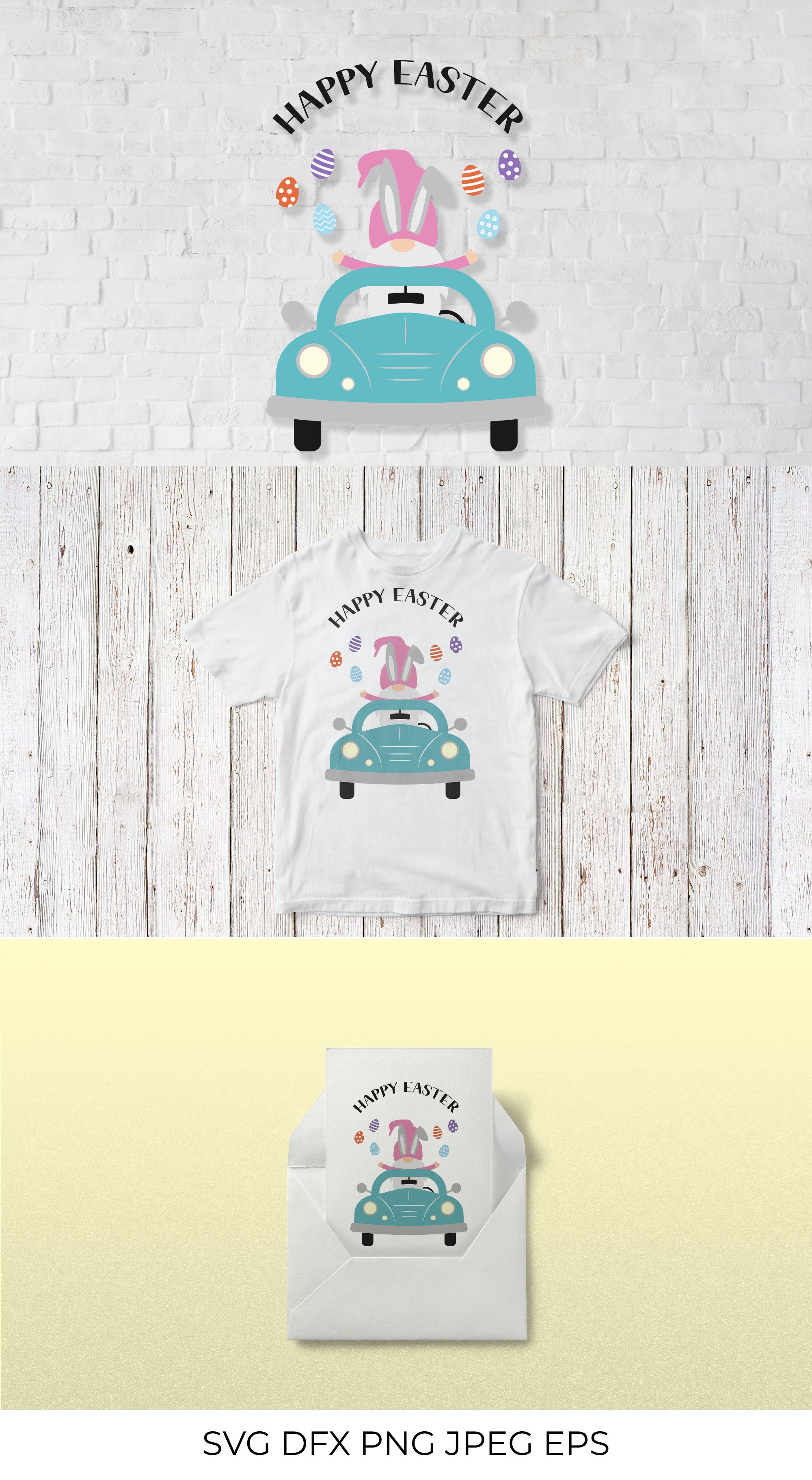 Easter retro car with cute gnome. Easter SVG. Easter card