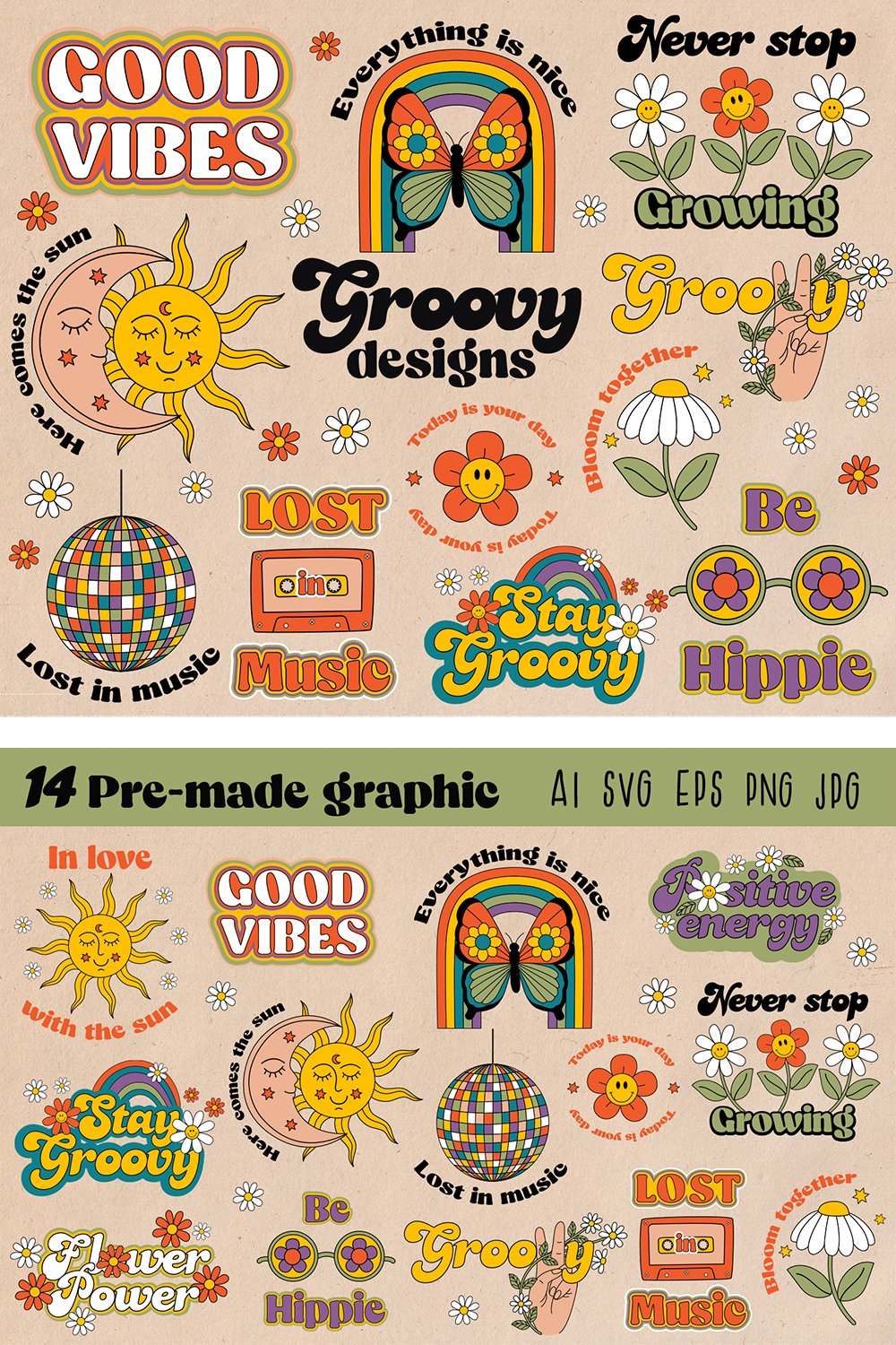 Retro Graphic clipart set, Groovy designs, Hippie svg, Png