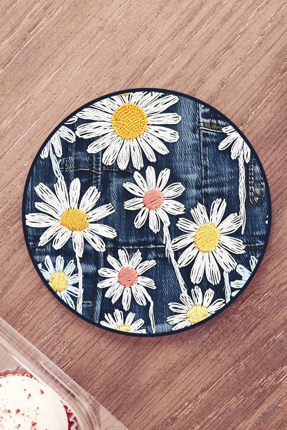 Faux Embroidery Daisies Denim Floral Round Coaster PNG