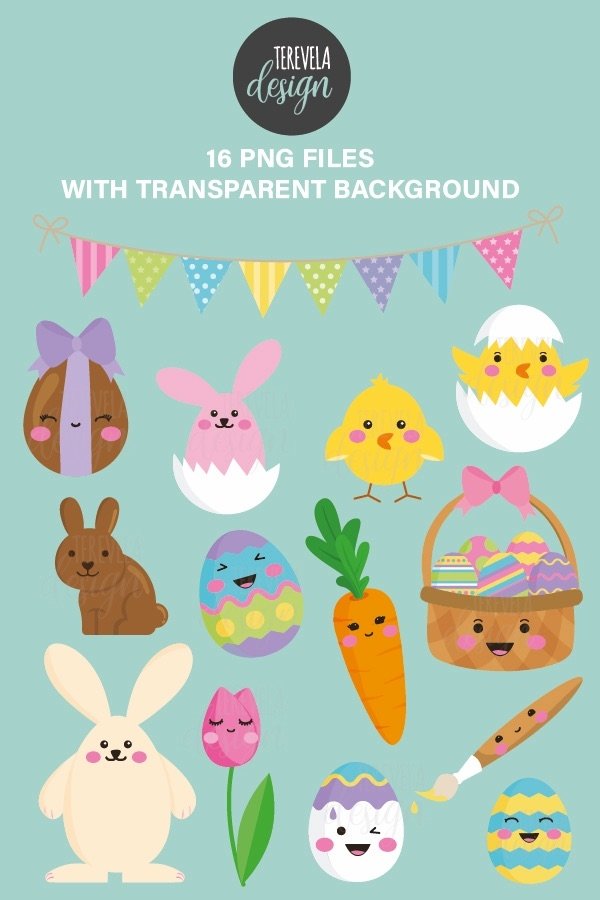 KAWAII EASTER clipart, easter rabbit clipart, easter eggs