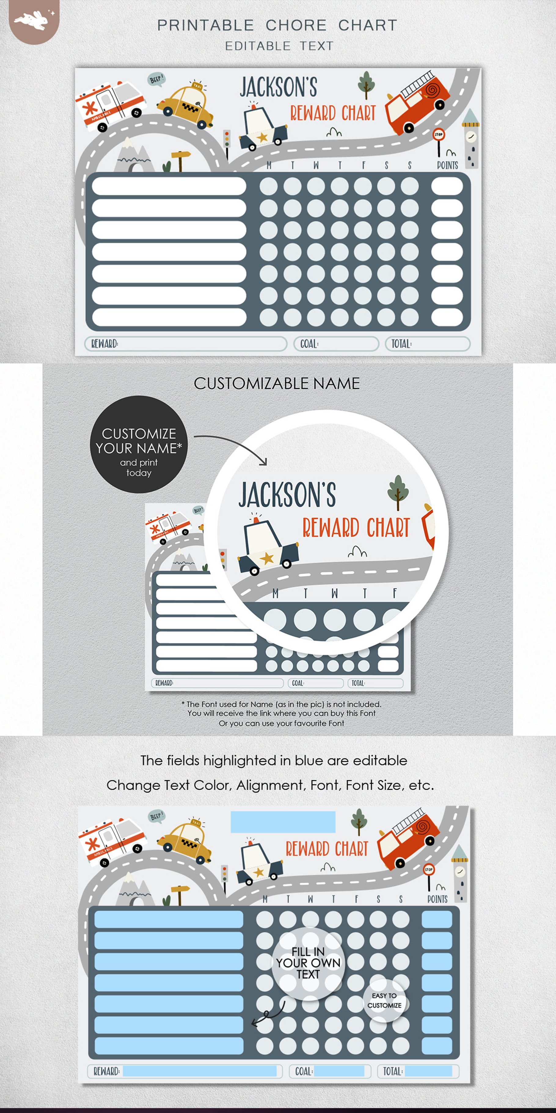 Cars Weekly Chore Chart, Editable PDF Kids Chore Chart