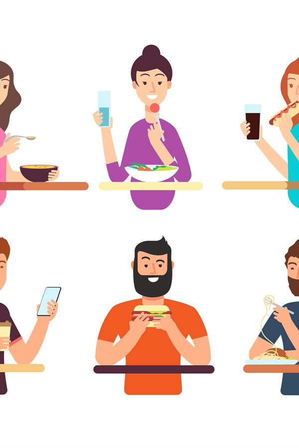 People, hungry persons eating different foods. Cartoon chara