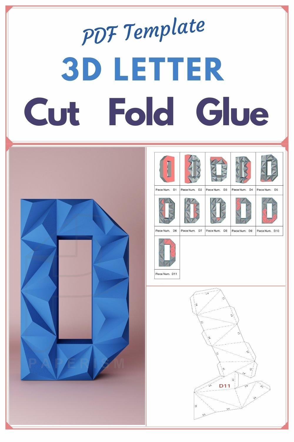 D Letter Papercraft, 3d Alphabet, DIY pdf template, low poly