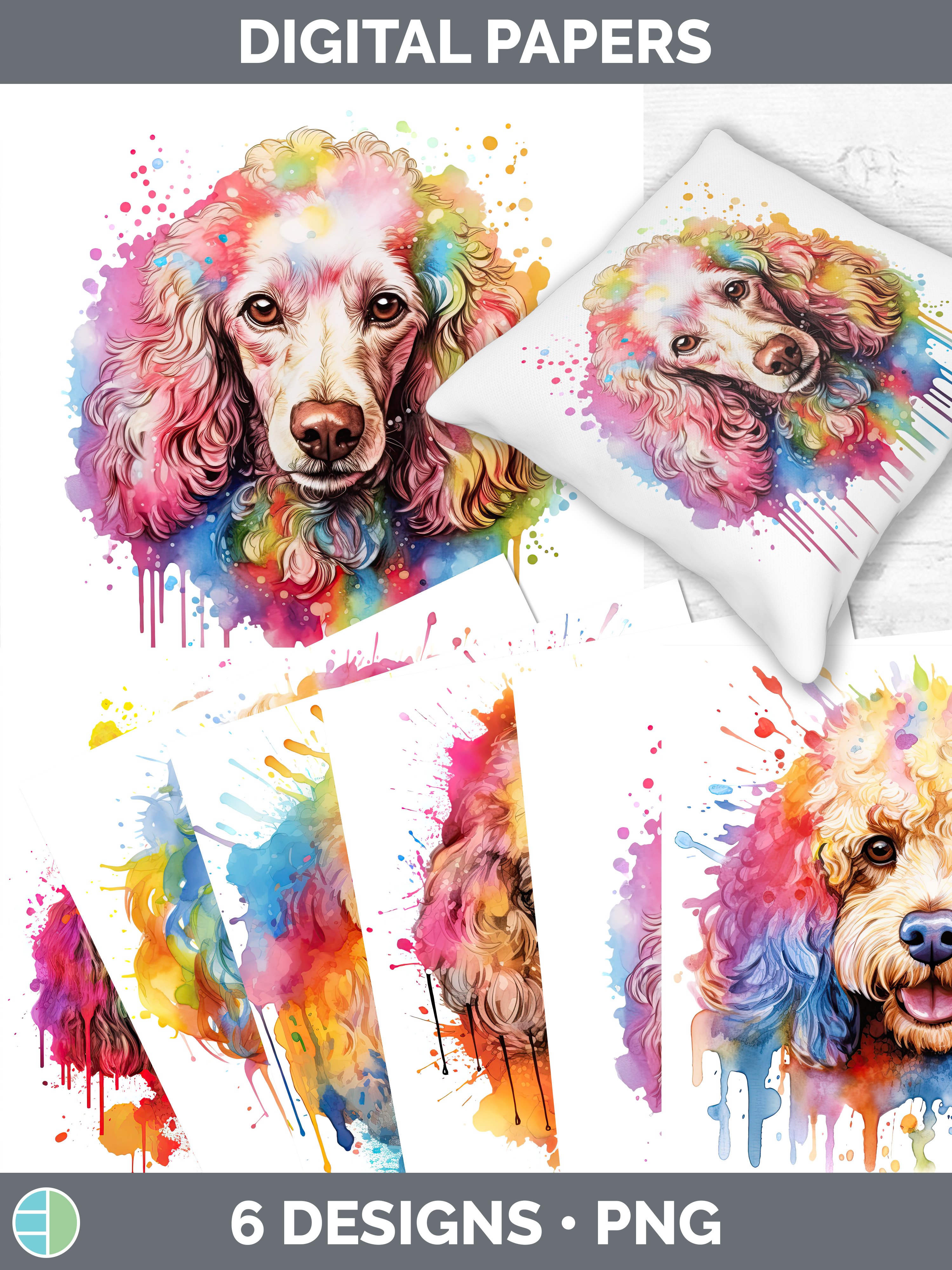 Splat Rainbow Poodle Dog Paper Backgrounds | Digital Scrapbo