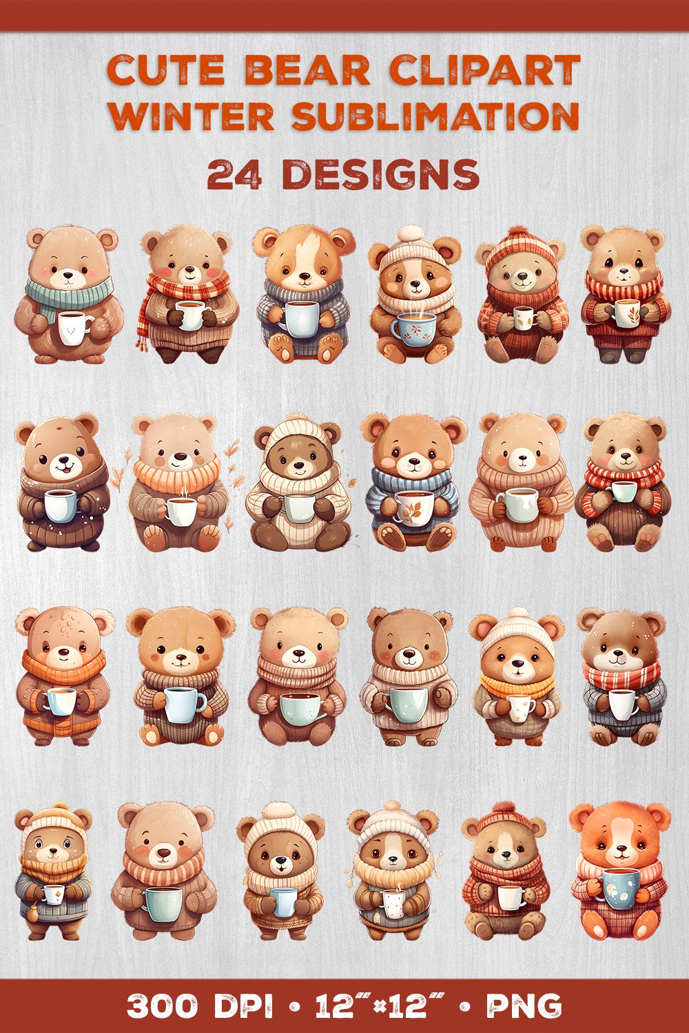 Cozy Bears in Sweaters Clipart Set with Cocoa Mugs