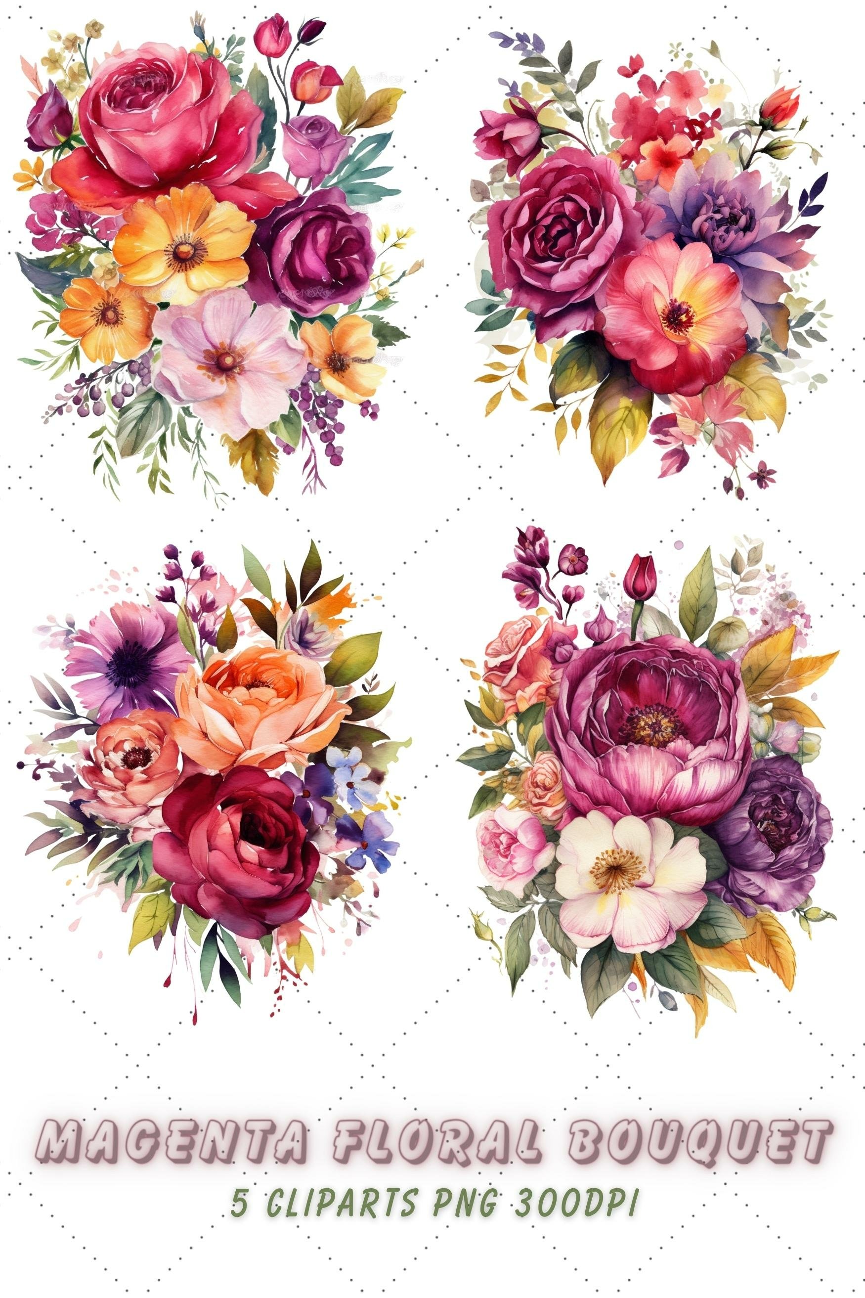 Watercolor Magenta Floral Bouquet Clipart Bundle (2533087)
