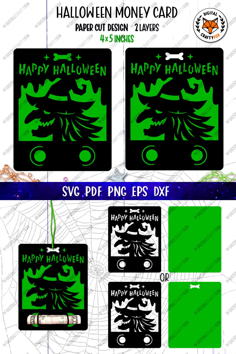 Halloween Witch Money Card, Money Holder Template SVG