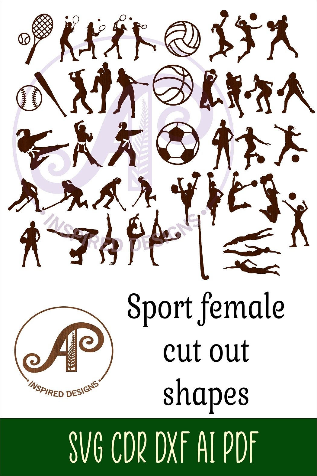 43 female Sport players and ball cut out designs, laser cut