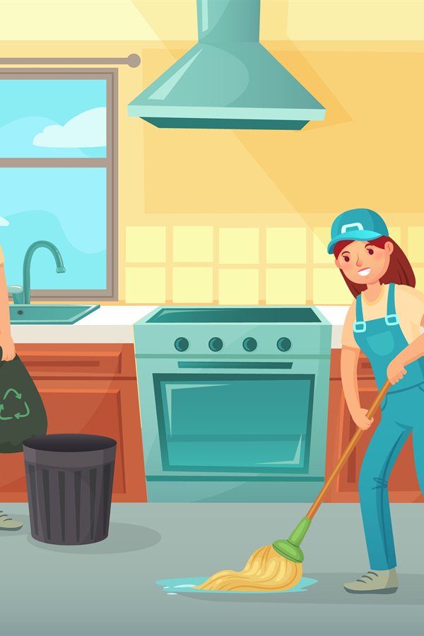 Professional cleaning workers cleaning kitchen. Service hous
