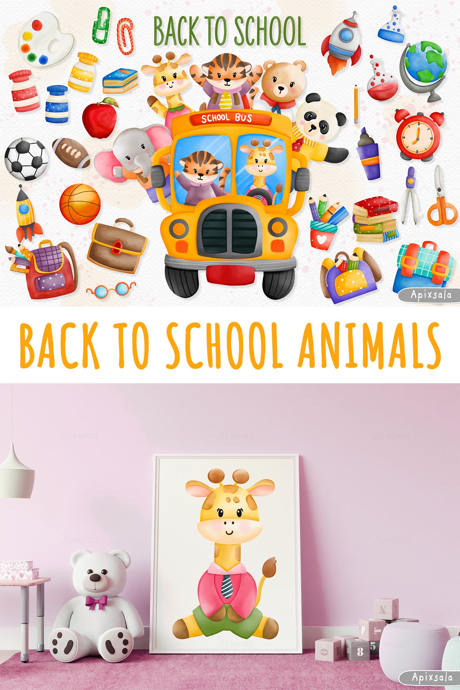 Watercolor Back to School and Animals Clipart (2081282)
