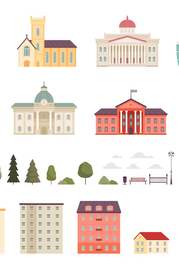 Urban municipal houses. Different buildings in city infrastr