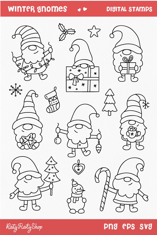 Christmas gnome svg, Doodle gnome clipart, Winter line art