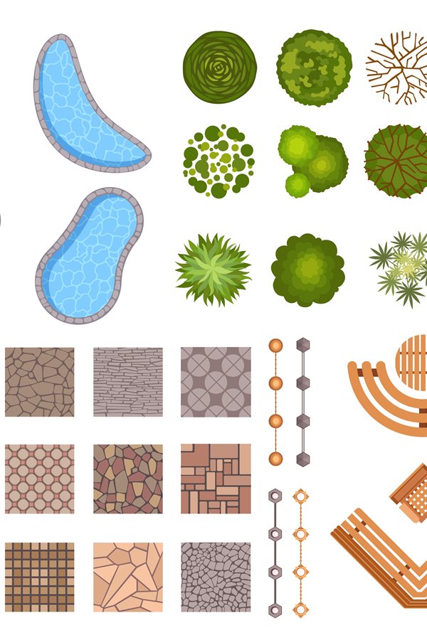 Garden landscape design elements aerial top view. Bush fence
