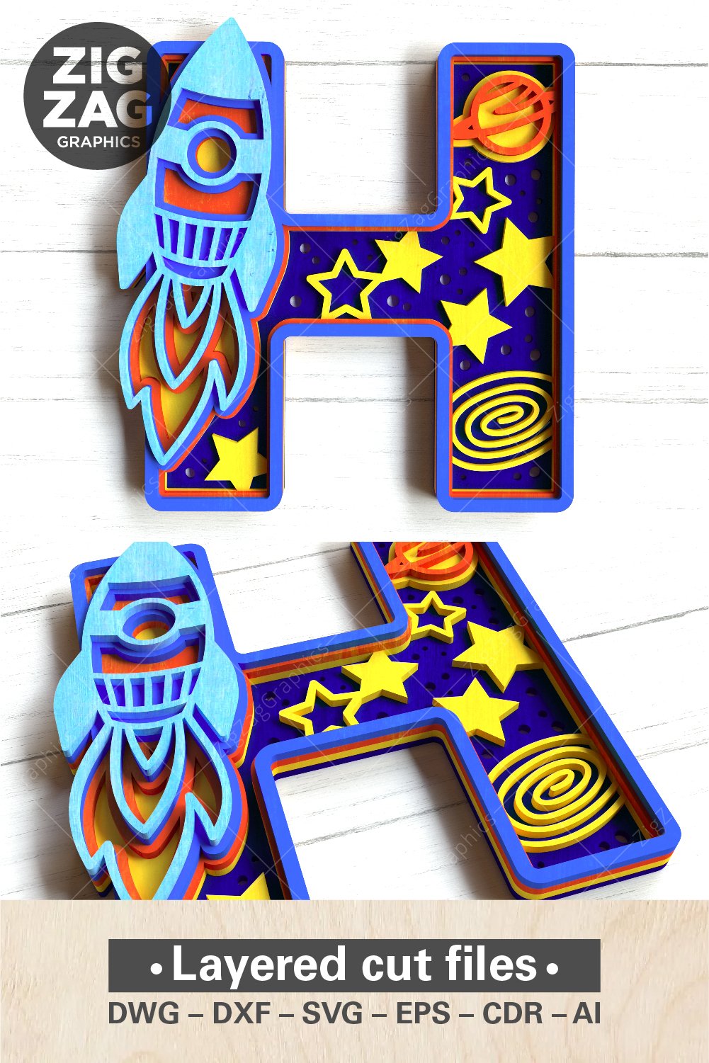 layered kids letter H with space rocket astronaut and stars