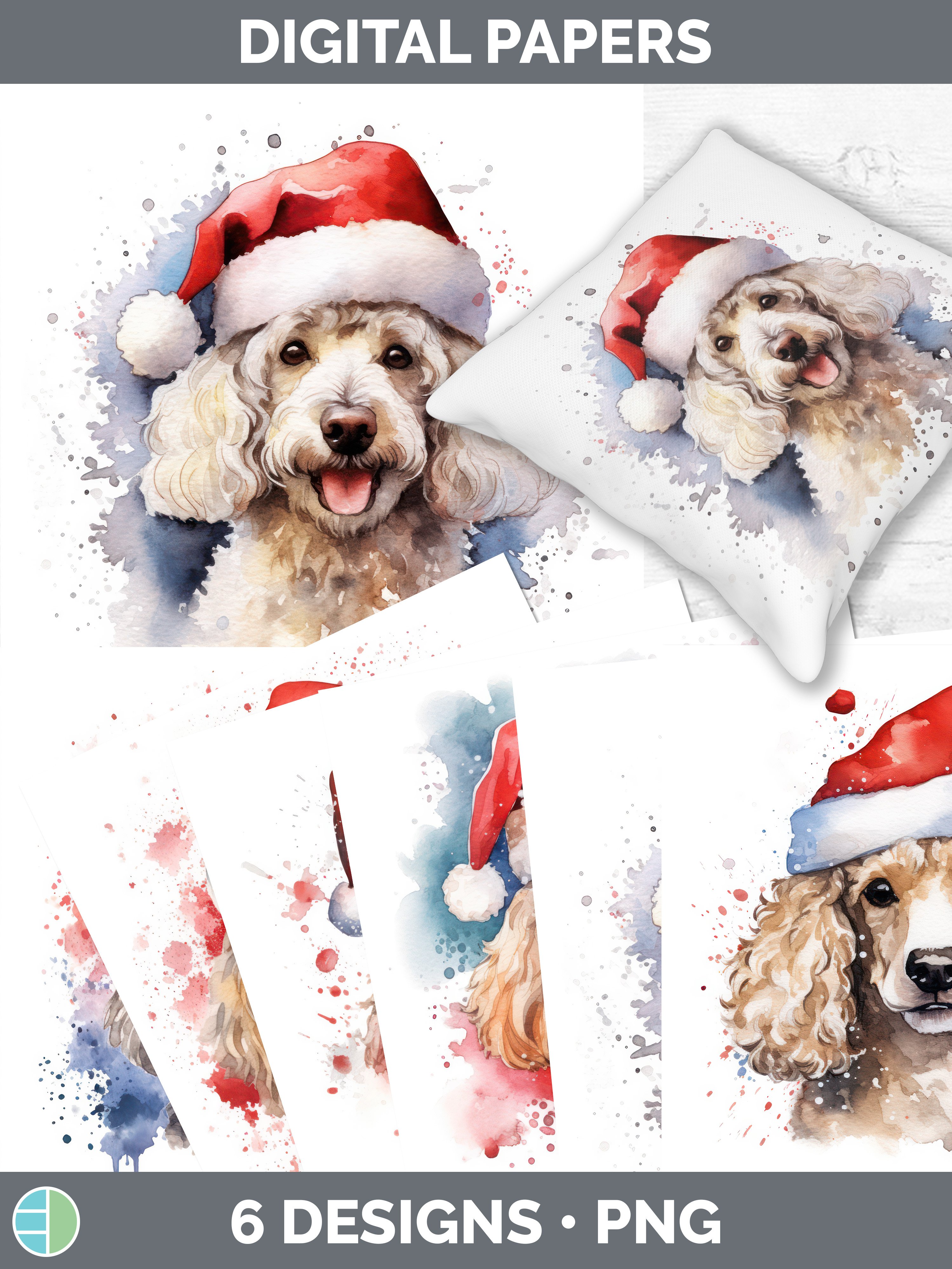 Christmas Santa Hat Poodle Dog Paper Backgrounds | Digital S