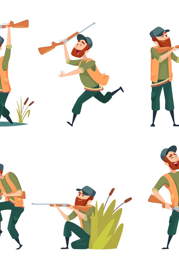 Characters of hunters. Vector cartoon illustrations of vario