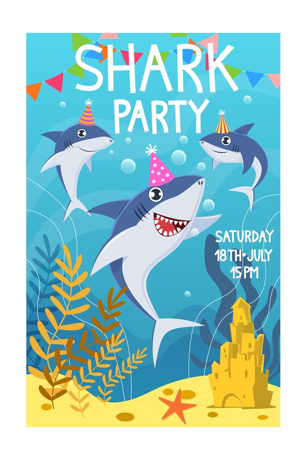Invitations card with cute sharks. Color greeting card, unde