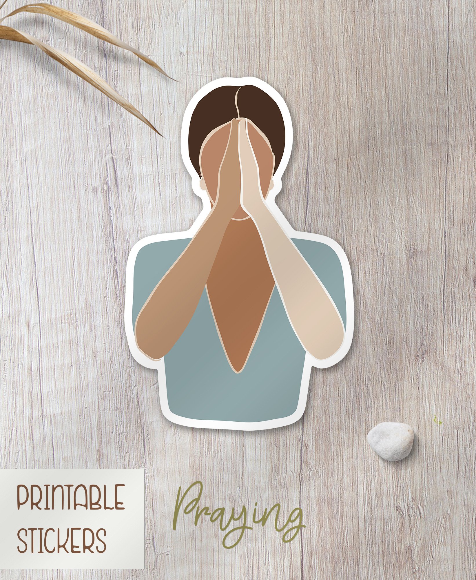 Abstract illustrations of praying woman. Printable Stickers.