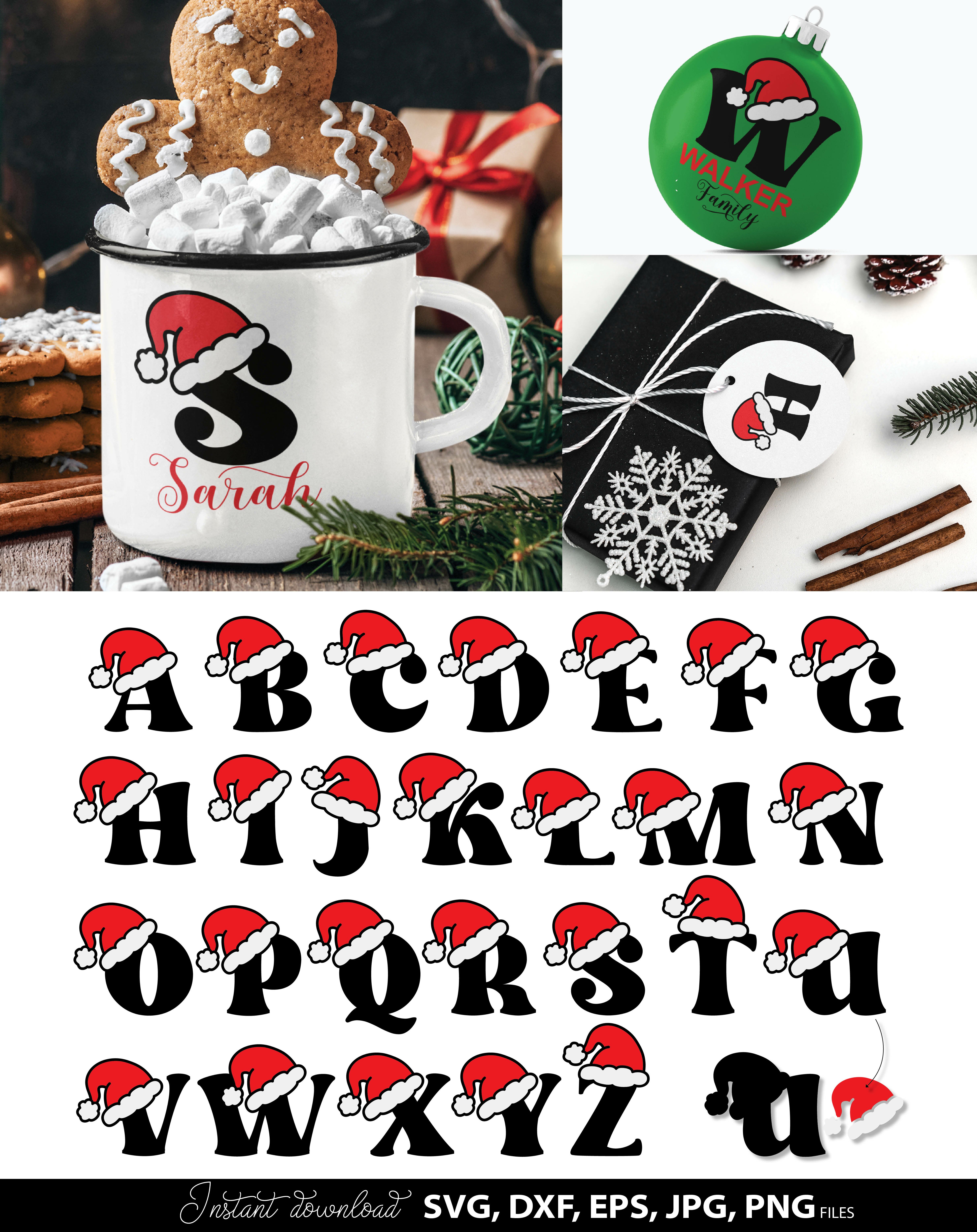 Christmas Monogram SVG Alphabet Bundle | Santa Hat Ornaments
