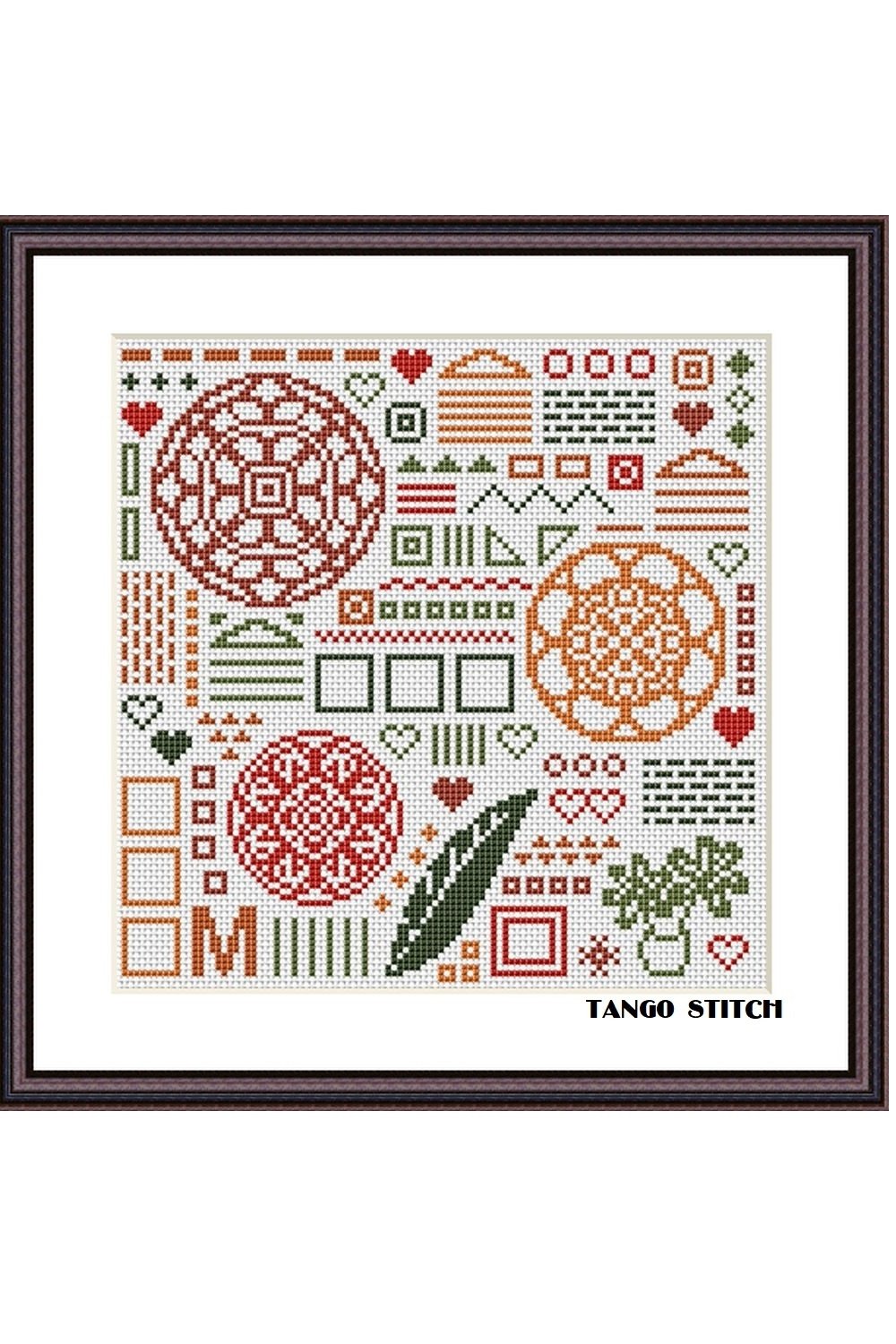 Aztec orange cross stitch ethnic ornaments sampler