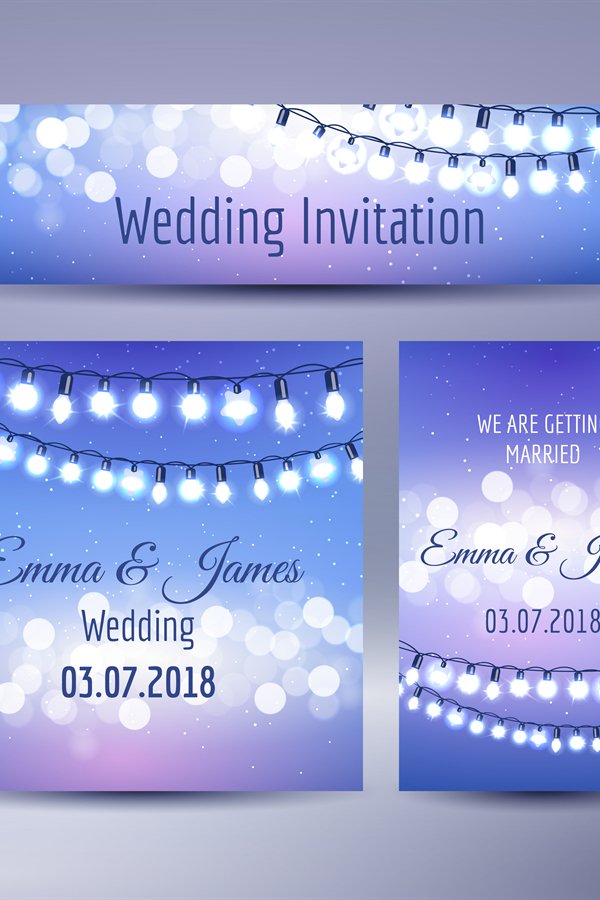 Lights bokeh and garlands wedding cards