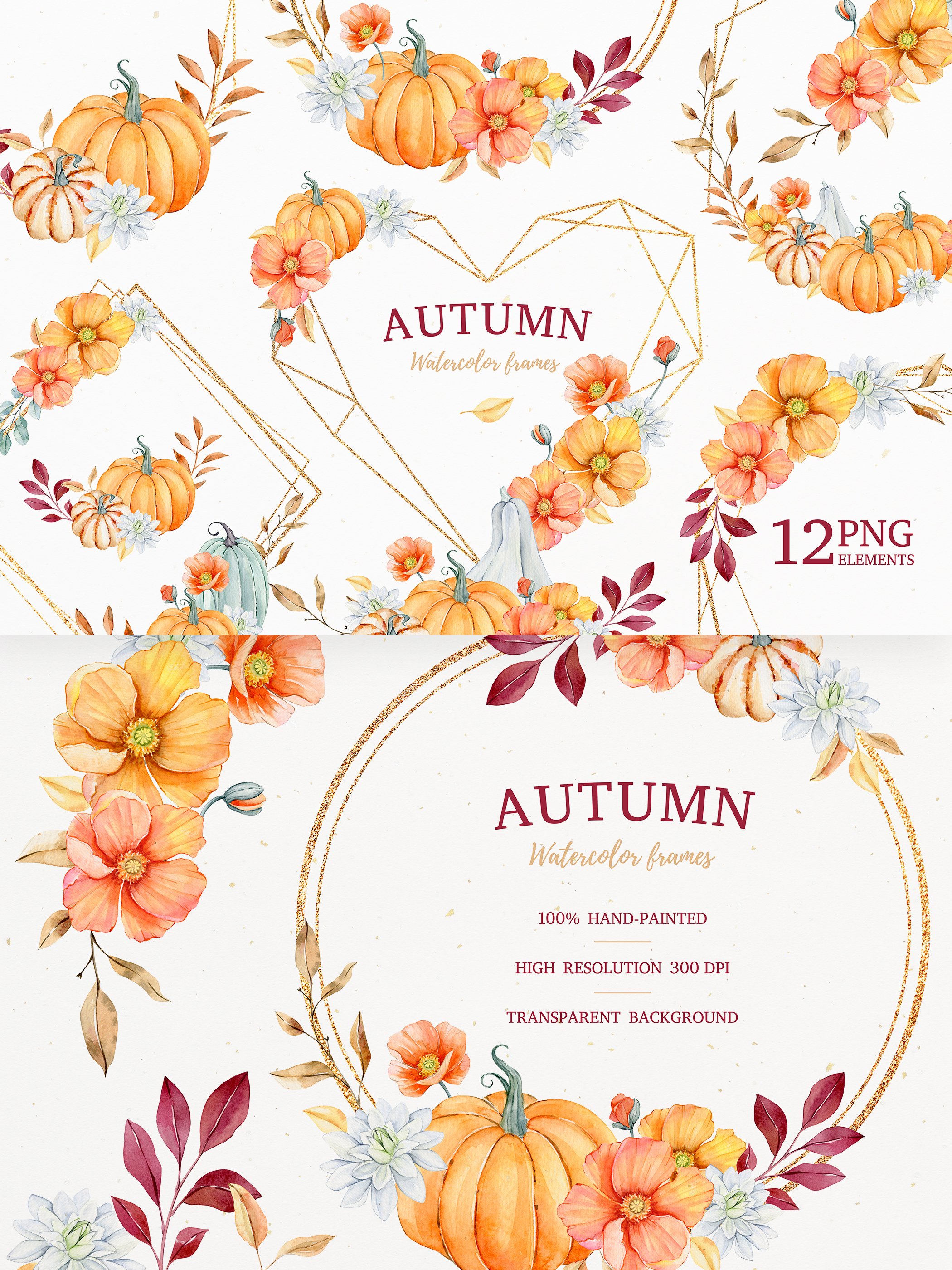Autumn Watercolor Clipart, Fall Frames and Bouquets