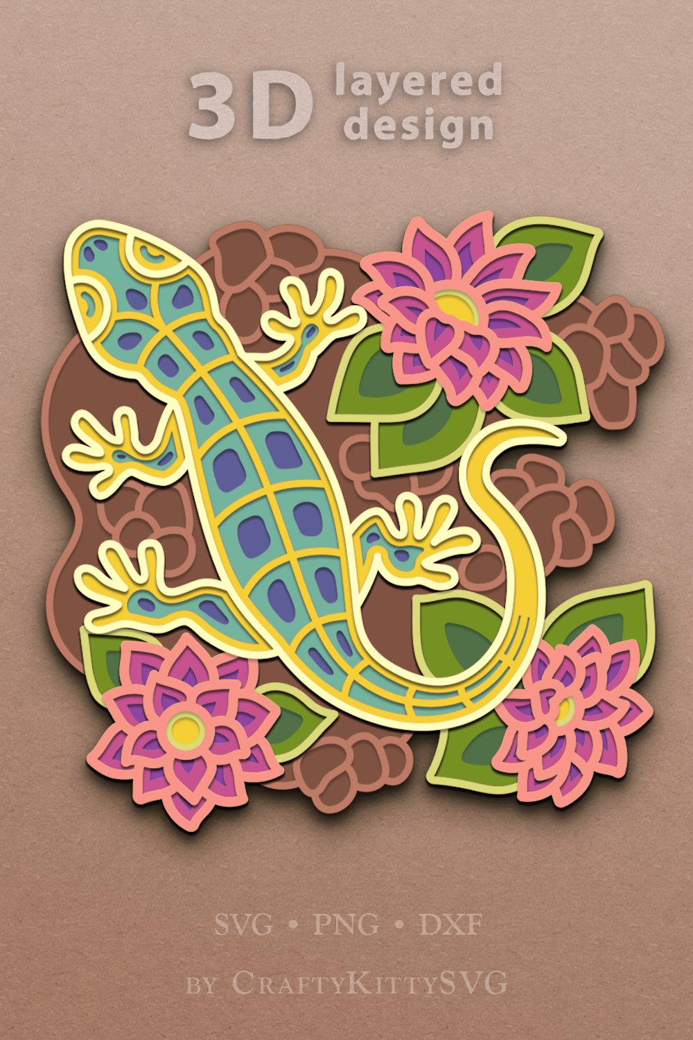 3D Floral Lizard SVG, 3D layered paper cut, 3D Gecko SVG