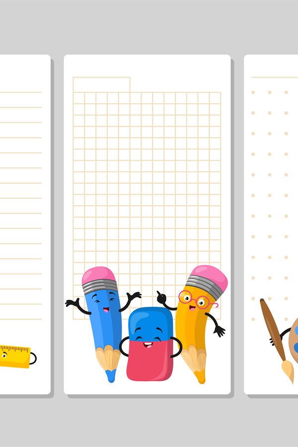 Notepad pages with cute cartoon pencils eraser marker